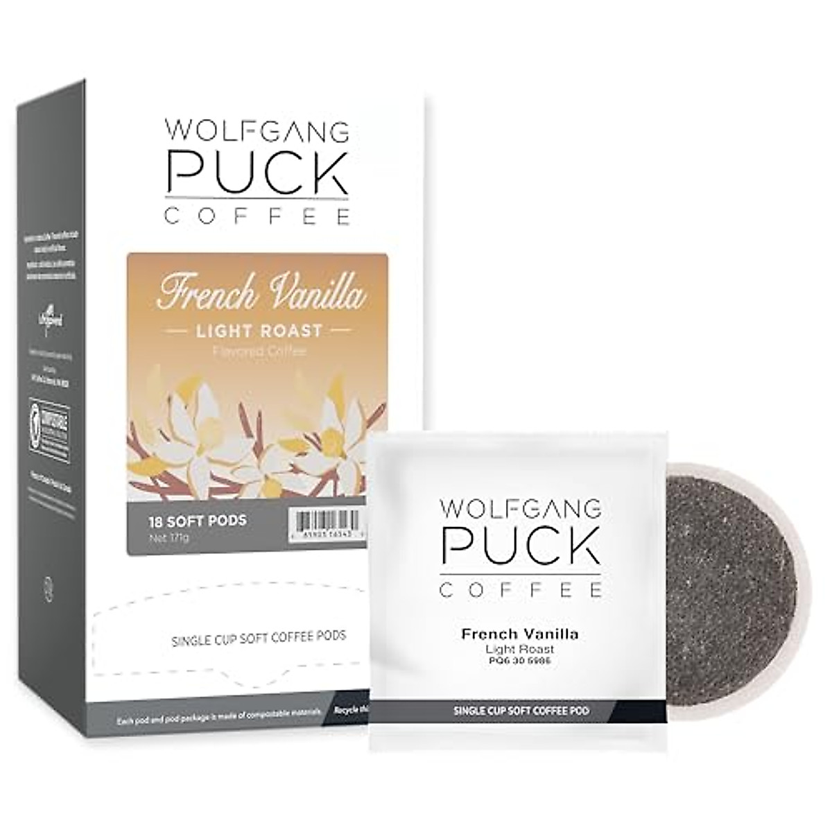 Wolfgang Puck Coffee, French Vanilla Coffee, 9.5 Gram Pods, 18 Count