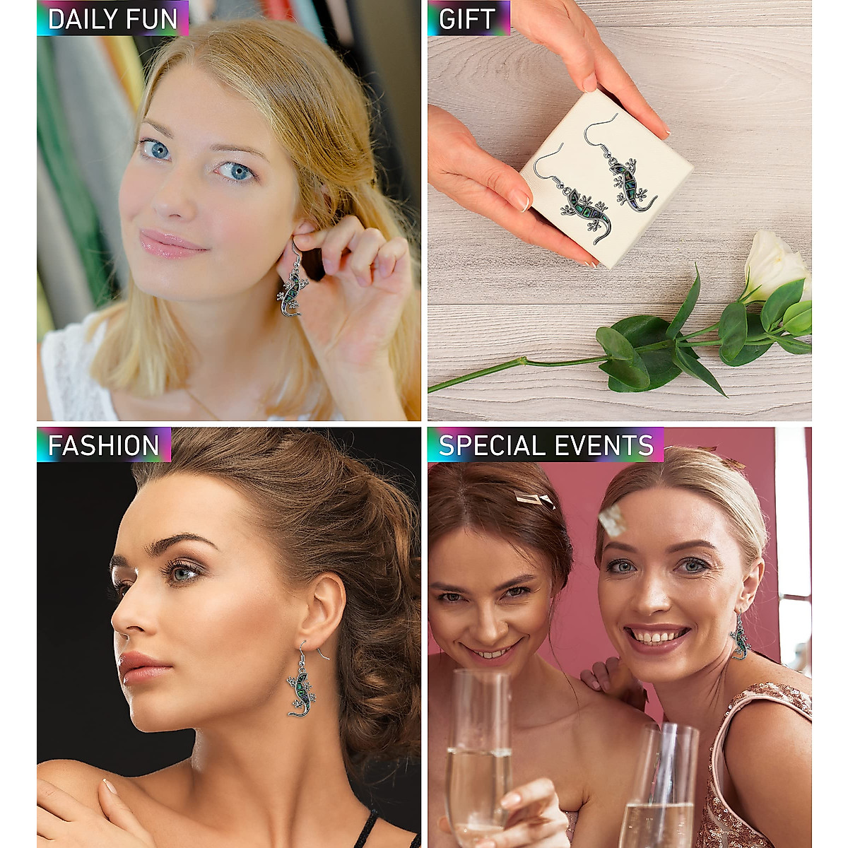 Aqua79 Gecko Earrings Jewelry - Authentic Dangle Hook Earrings Made with Natural Paua Abalone Shell - Unique Colorful Jewel For Women & Teens For Daily, Casual & Formal Occasions