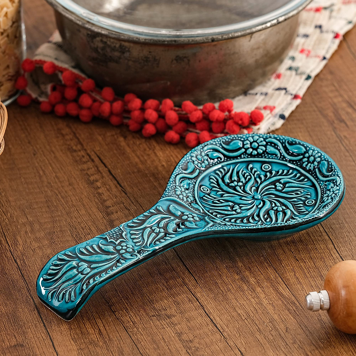 BCS Spoon Rest Set of 2 - Ceramic Spoon Holder for Stovetop & Kitchen Counter - Dishwasher Safe Handmade Kitchen Utensil (Turquoise 4.5" W x 9" L)