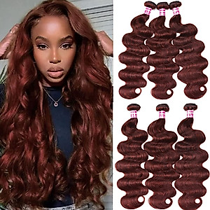 Nadula 12A Reddish Brown Body Wave Human Hair Weave 3 Bundles for Women, 16 18 20inch Brazilian Virgin Remy Hair Bundles Auburn Brown Copper Red Colored Human Hair Wavy Weaves Extensions 33B Color