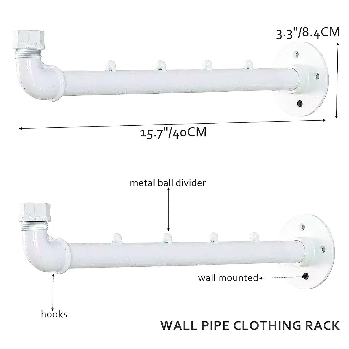 Industrial Wall Pipe Clothing Racks - Heavy Duty Metal Clothes Hanger with Hook, Wall-Mounted Garment Holder Racks,Wall Clothing Bar/Coat Hanging Rail/Hanging Rod for Closet Storage, 2 Pack, White