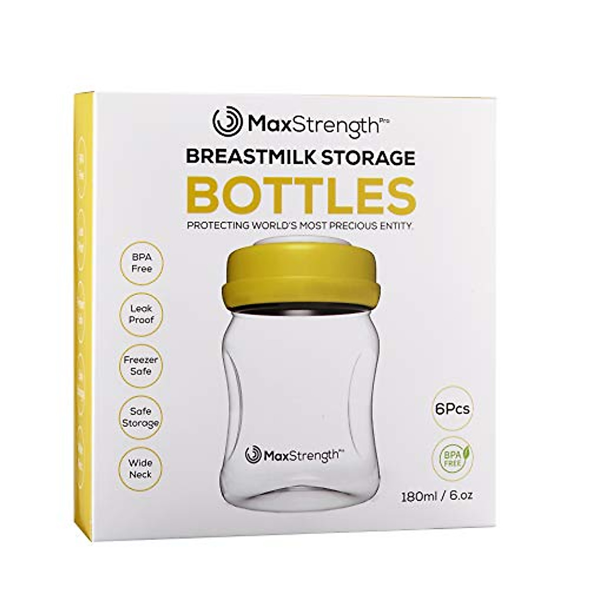 Breastmilk Bottles 6pc Set with Leak Proof Lids by Max Strength Pro, 6.oz 180ml Reusable Wide Neck Bottles Best for Breast Milk Collection & Storage Solution, BPA Free, Fits Spectra & Avent Models
