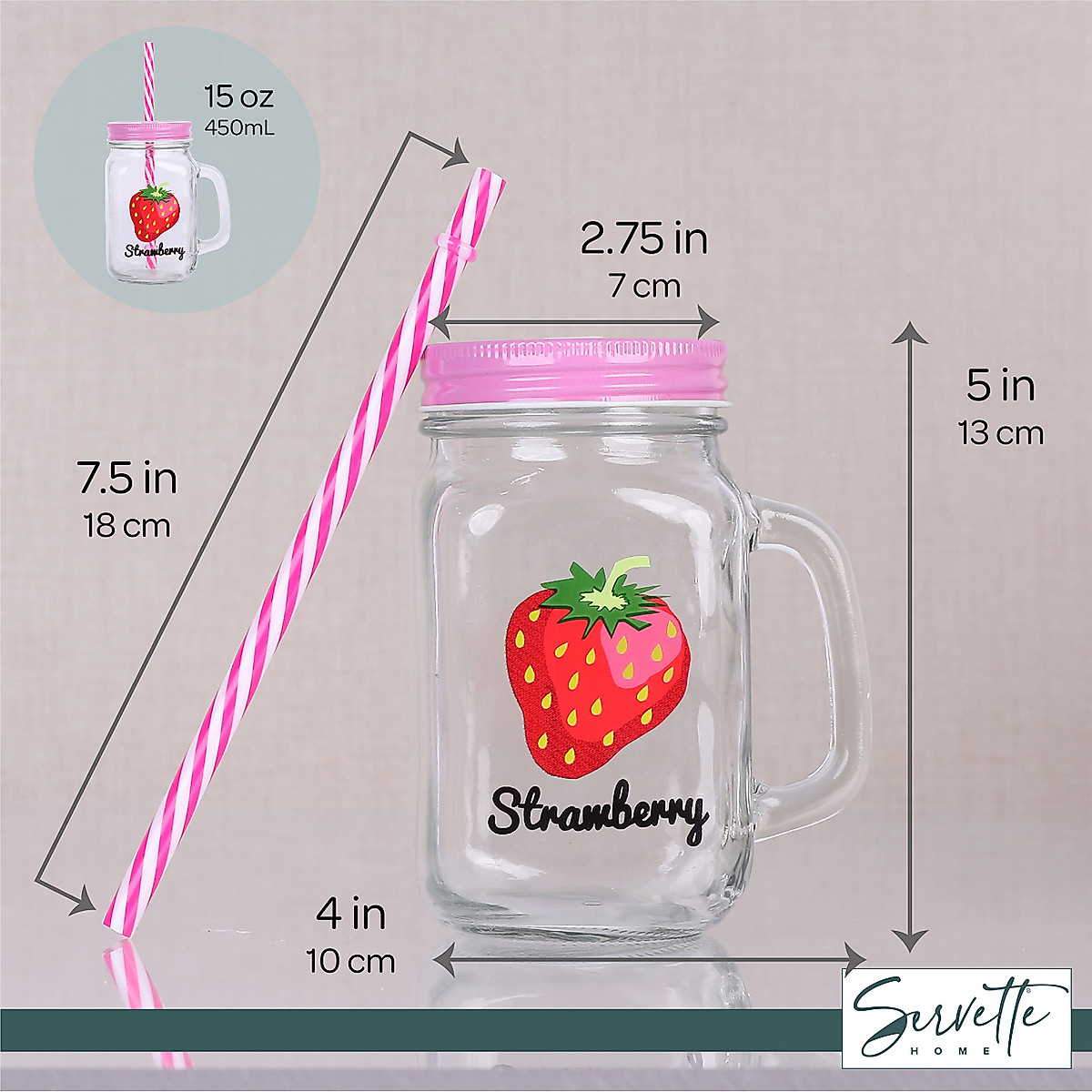 Mason Jar 15oz/450mL with Lid & Straw Drinking Glasses Printed Strawberry - Set of 2