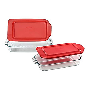 Pyrex Bundle - 4 Items: (1) 232 2qt Glass Dish, (1) 233 3qt Glass dish, (1) 232-PC 2qt Red Lid, (1) 233-PC 3qt Red Lid Made in the USA