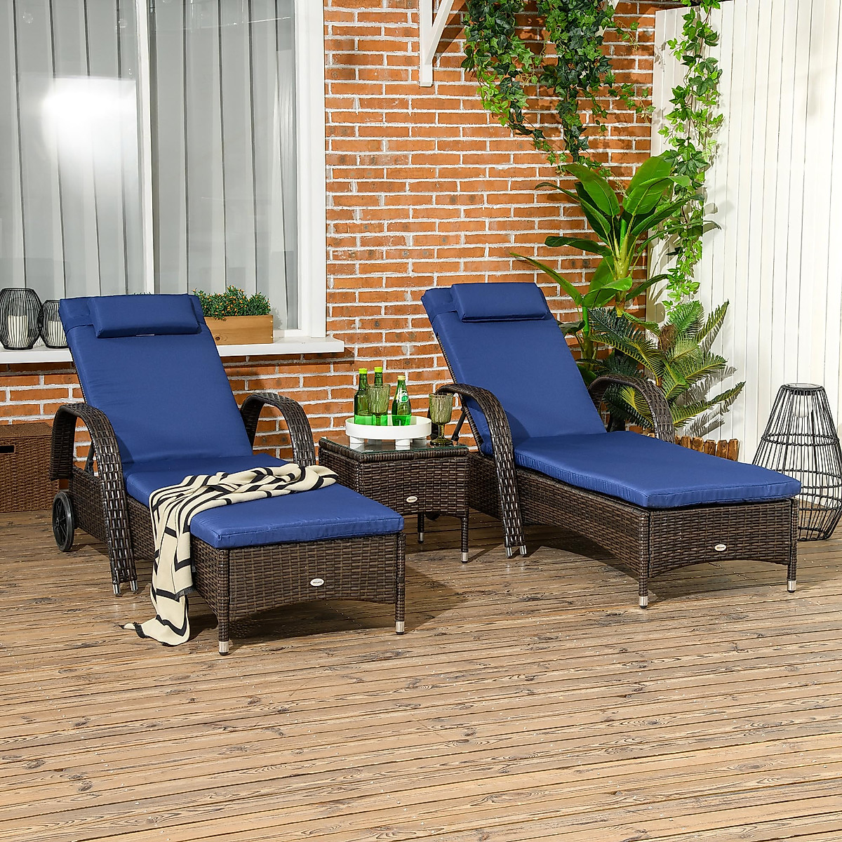 Outsunny Wicker Outdoor Chaise Lounge Set of 2, 5-Level Adjustable Backrest PE Rattan Pool Lounge Chair with Wheels, Cushion & Headrest, Brown and Dark Blue