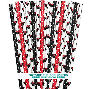 Minnie Mouse Inspired Mouse Ears and Polka Dot Paper Straws - Red White Black - 7.75 Inches - 100 Pack - Outside the Box Papers Brand