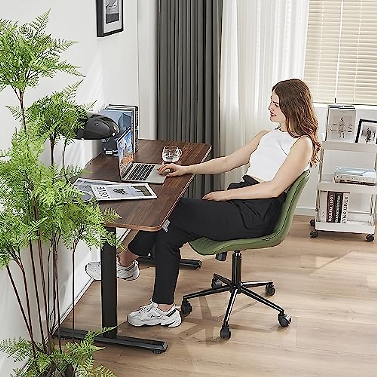 YOUTASTE Office Chair Armless Desk Chair Small Computer Swivel Rolling Chair with Wheels, Modern Upholstered PU Leather Computer Task Chair, Adjustable Home Office Desk Chairs, Olive Green