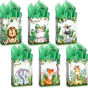 Pajean 36 Safari Bags and Tissue Set Include Jungle Party Favor Safari Goodie Bags Woodland Animal Print Gift Bags Wild One Treat Bags for Themed Birthday Baby Shower Party Supplies
