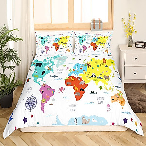 World Map Bedding Set Colored World Map Comforter Cover Geography Asia Europe Africa America Map World Map Duvet Cover Educational Bedspread Cover Room Decor Quilt Cover Full Size
