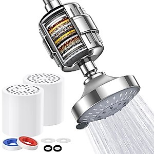 Filtered Shower Head 20 Stage Shower Filter High Pressure Rain Showerhead Filter for Hard Water 5 Spray Settings Water Softener with 2 Replaceable Cartridges Remove Chlorine