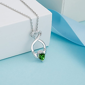 S925 Irish Claddagh Eternity Love Pendant Necklace Good Luck Jewelry Gift for Women Ladies Birthday (Green)