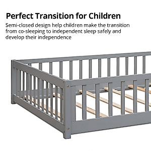LLS Twin Floor Bed for Children, Durable Montessori Floor Bed with Wood Slats, Safety Fence & Small Door for Girls Boys, Gray (with Bed Slats)