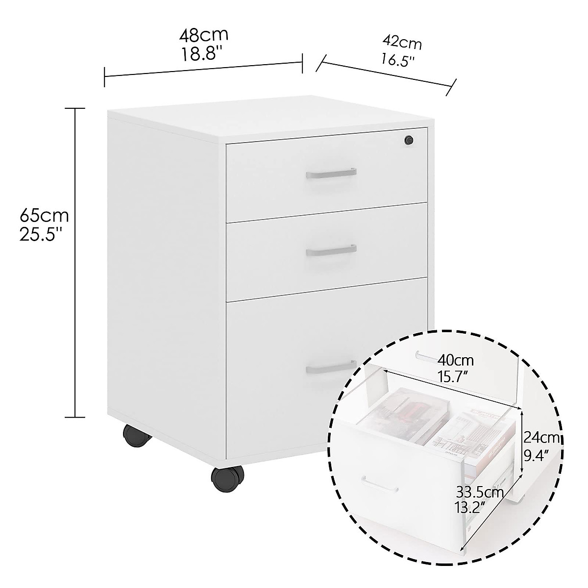 DlandHome Cabinet with Wheels 3 Drawer File, Mobile Rolling Filing Cabinet Filing Cabinet (OneSize, White)