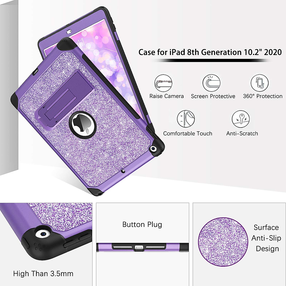 BENTOBEN for iPad 9th Generation Case with Kickstand, iPad 8th / 7th Generation Case Glitter Sparkly 3 Layers Shockproof Full Body Protective Girls Tablet Cover for iPad 10.2" 2021/2020/2019,Purple