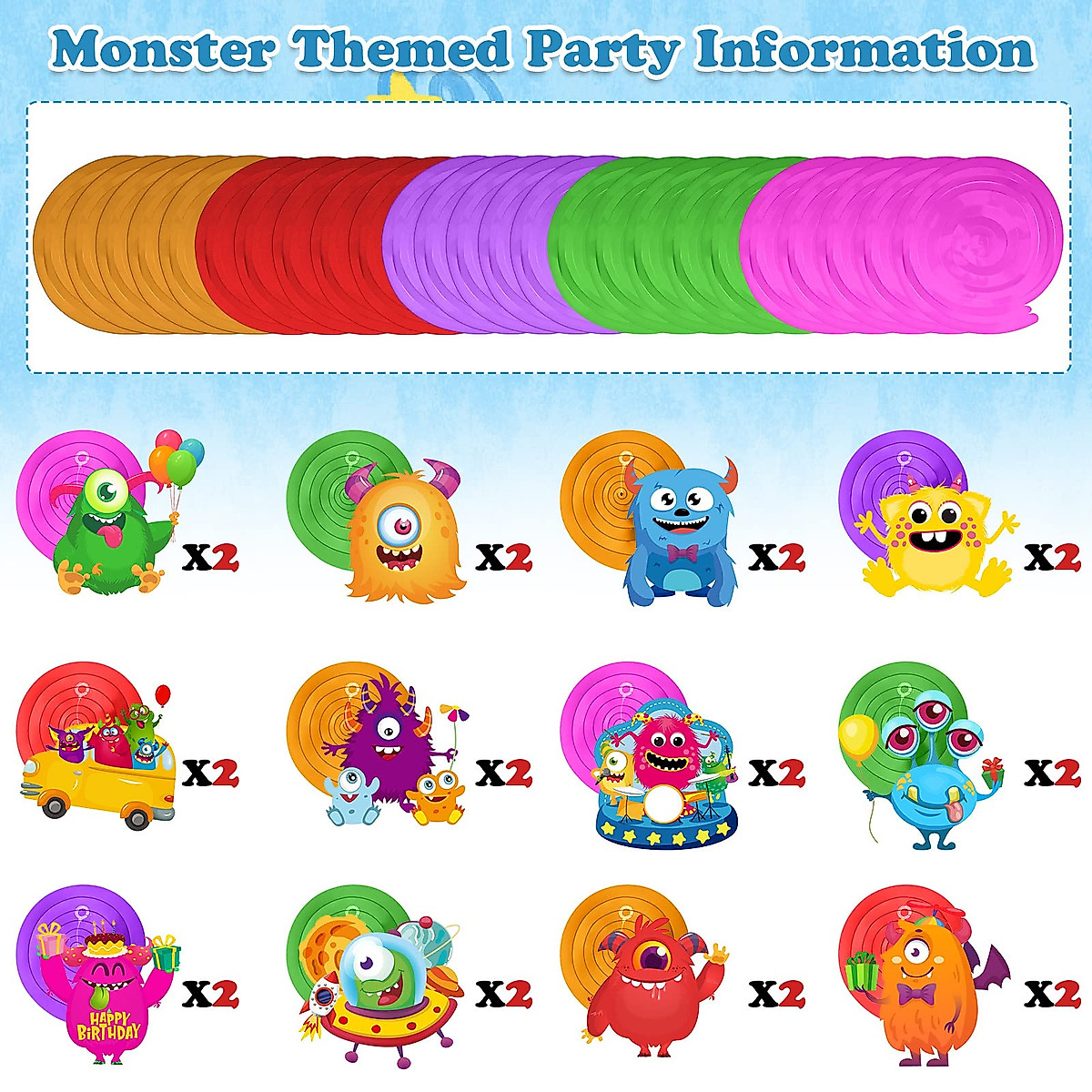 54 Pieces Cartoon Monster Hanging Swirls Decoration Little Monster Spiral Streamers Monster Theme Party Hanging Decor for Monster Birthday Party Baby Shower Supplies