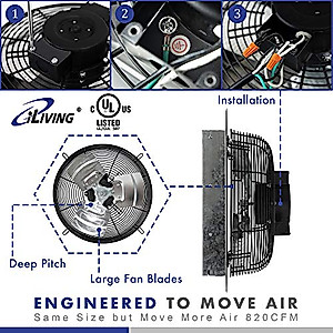 iLiving 10" Wall Mounted Shutter Exhaust Fan, Automatic Shutter, with Thermostat and Variable Speed controller, 65W, 820 CFM, 1200 SQF Coverage Area Silver (ILG8SF10V-ST)