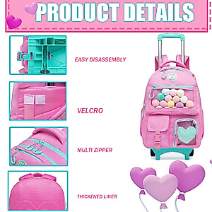 ZBAOGTW Rolling Backpack for Girls Kids Backpack with Wheels Backpacks for Elementary with Lunch Box Pencil Case Trolley Luggage