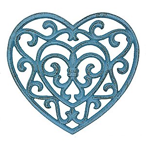 Stonebriar Country Rustic Heat Resistant Denim Blue Heart Shaped Cast Iron Trivet with Rubber Feet