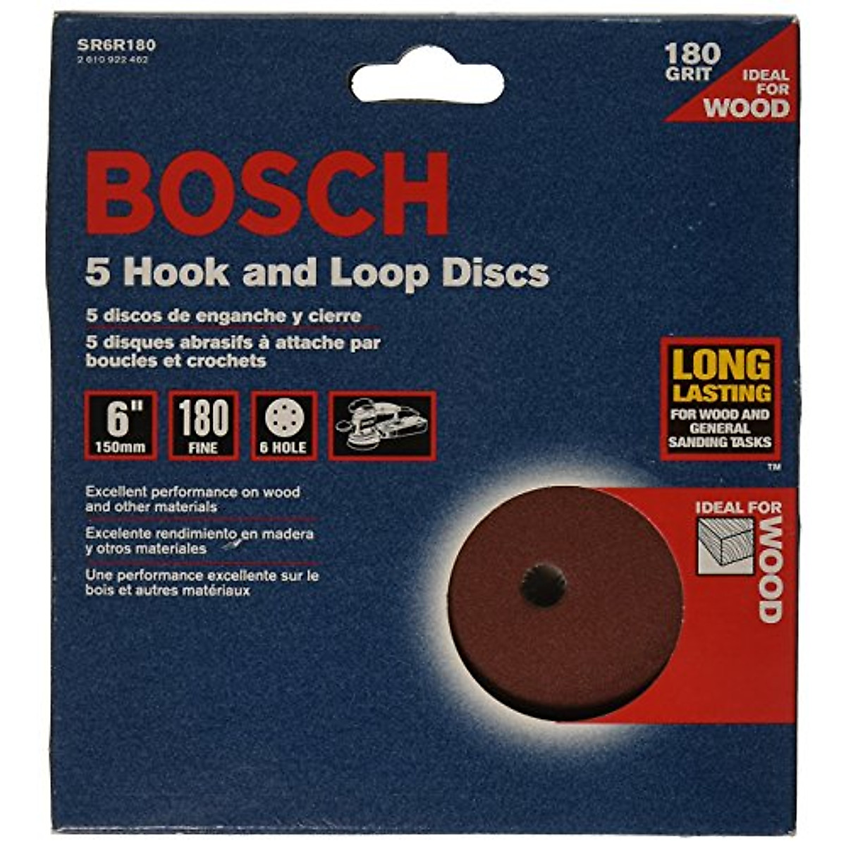 BOSCH SR6R180 5-Piece 180 Grit 6 In. 6 Hole Hook-And-Loop Sanding Discs , Red