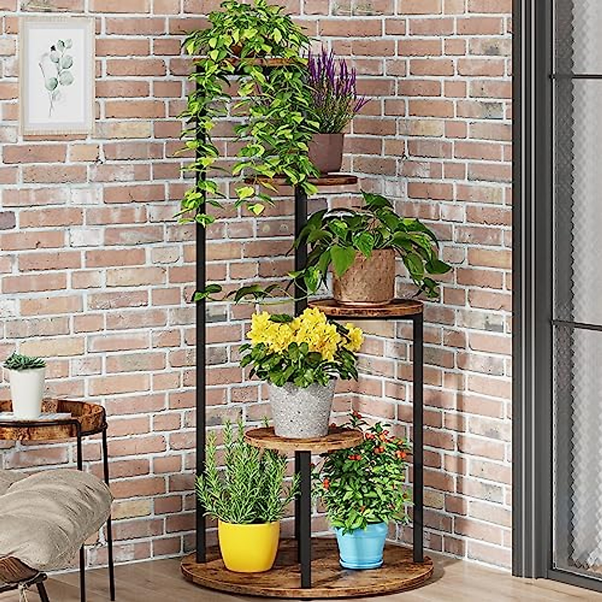 LITTLE TREE 5-Tier Corner Plant Stand, Free Standing Wood Metal Flower Rack Pot Shelf Display with Round Board, Garden Patio Balcony Plant Holder for Indoor Outdoor Living Room, Bedroom, Rustic Brown