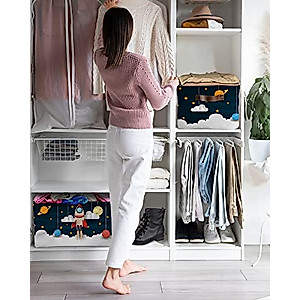 Storage Bins, Space Theme Cute Rocket Planet Pattern Storage Baskets for Organizing Closet Shelves Clothes Decorative Fabric Baskets Large Storage Cubes with Handles
