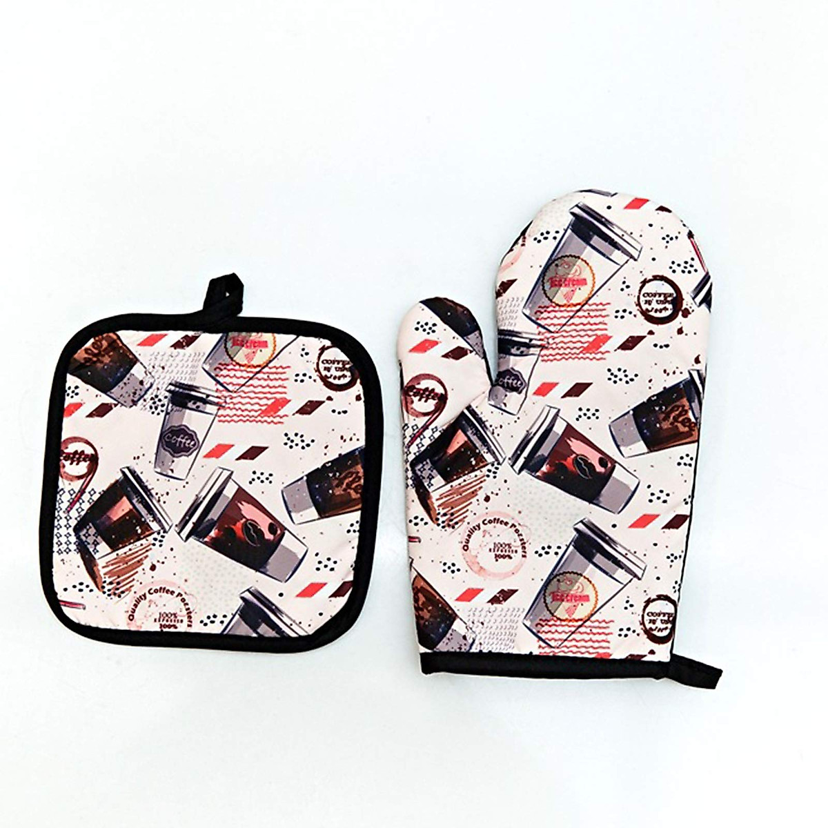 FSTIKO Funny Coffee Cup Oven Mitts and Pot Holders Sets 4 Pieces, Hot Pads Cotton Quilted Kitchen Mittens BBQ Gloves with Potholders Kitchen Microwave Gloves for Baking Cooking Grilling