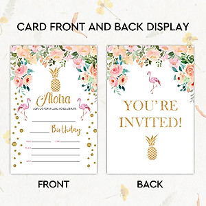 Hawaiian Aloha Luau Floral Birthday Party Invitations Cards with Envelopes, Tropical Summer Party Invitations, Birthday Celebration Supplies, Double-sided Fill-in bday Invites for Boys Girls- A09
