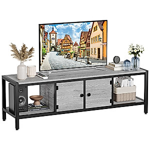 GarveeHome 65 Inch TV Stand with Storage, Entertainment Center with Adjustable Legs, Mid Century Modern TV Console up to 75 Inch, Wooden TV Stand with Open Shelves for Living Room, Bedroom, Grey