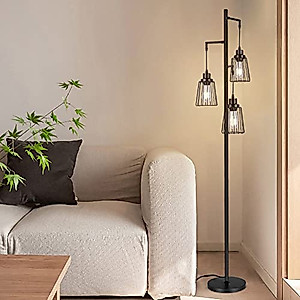 Dimmable Floor Lamp, 3 Edison Bulbs Included, 3-Light Farmhouse Industrial Standing Tree Lamp Industrial Floor Lamp with Elegant Teardrop Cage Heads Tall Lamps for Bedroom Office Dining Room