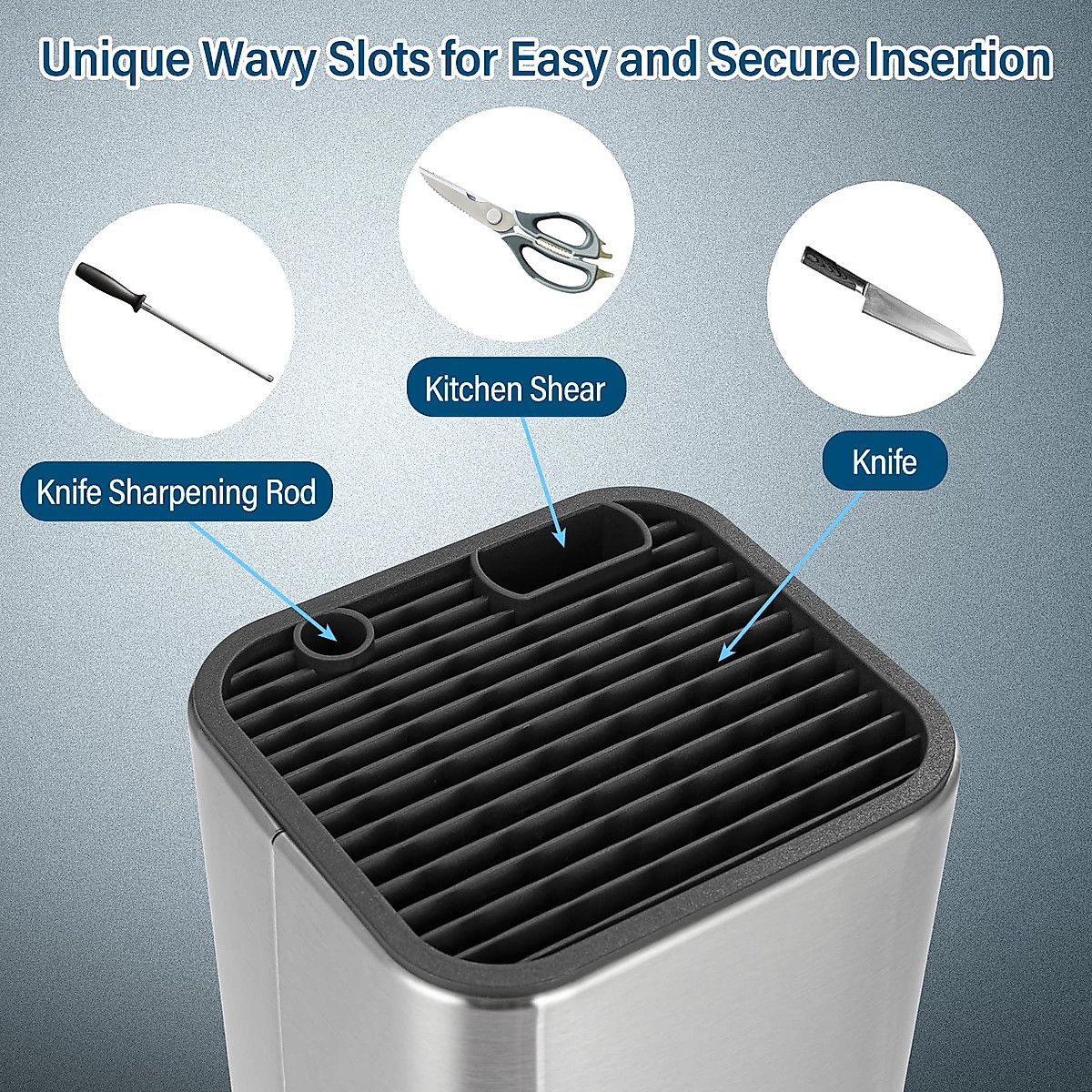 Sumteene Universal Knife Block, Knife Holder without Knives, Stainless Steel Knife Storage Block for 3.5" to 8" Knives, with Slots for Scissors and Sharpening Rod,for Kitchen Counter