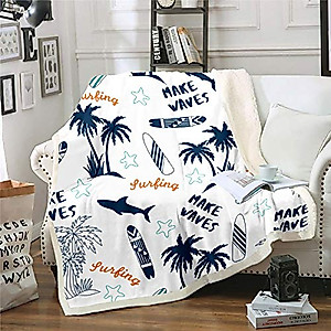 Feelyou Palm Tree Fleece Blanket Surfboard Blanket Surfing Sports Sherpa Blanket for Couch Travel Sofa Microfiber Hawaiian Tropical Plush Throw Blanket Shark Starfish Room Decor Fuzzy Blanket 50"x60"