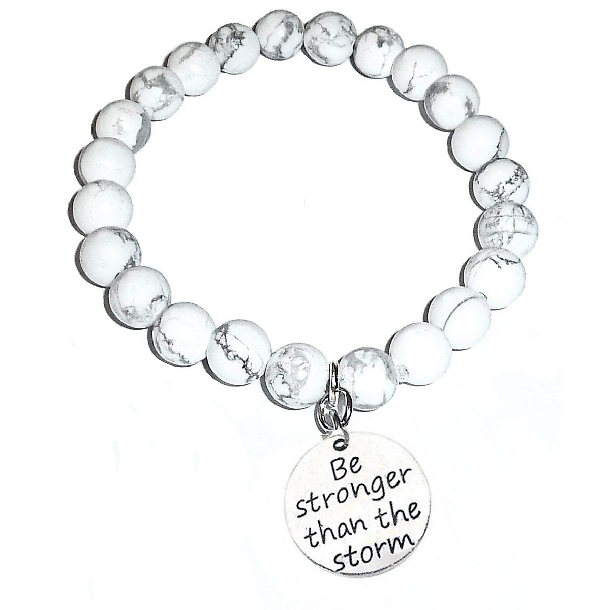 Hidden Hollow Beads Howlite Natural White Stone Women's Stretch Bracelet, Inspirational Message Charm (Be Stronger Than the Storm)