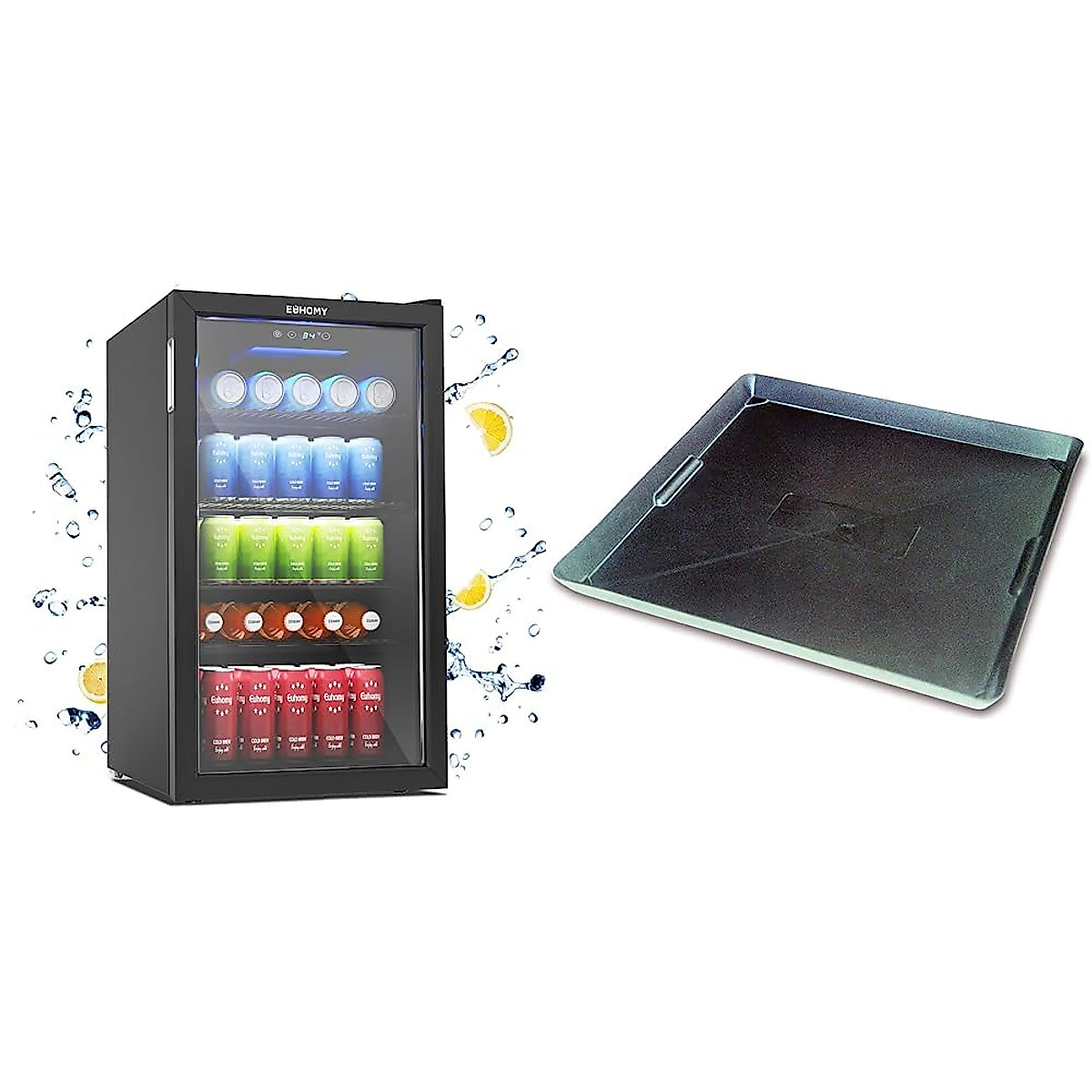 EUHOMY Beverage Refrigerator and Cooler, 126 Can Mini fridge with Glass Door, Small Refrigerator with Adjustable Shelves & WirthCo 40092 Drip Tray - Black - (22" X 22" X 1.5")