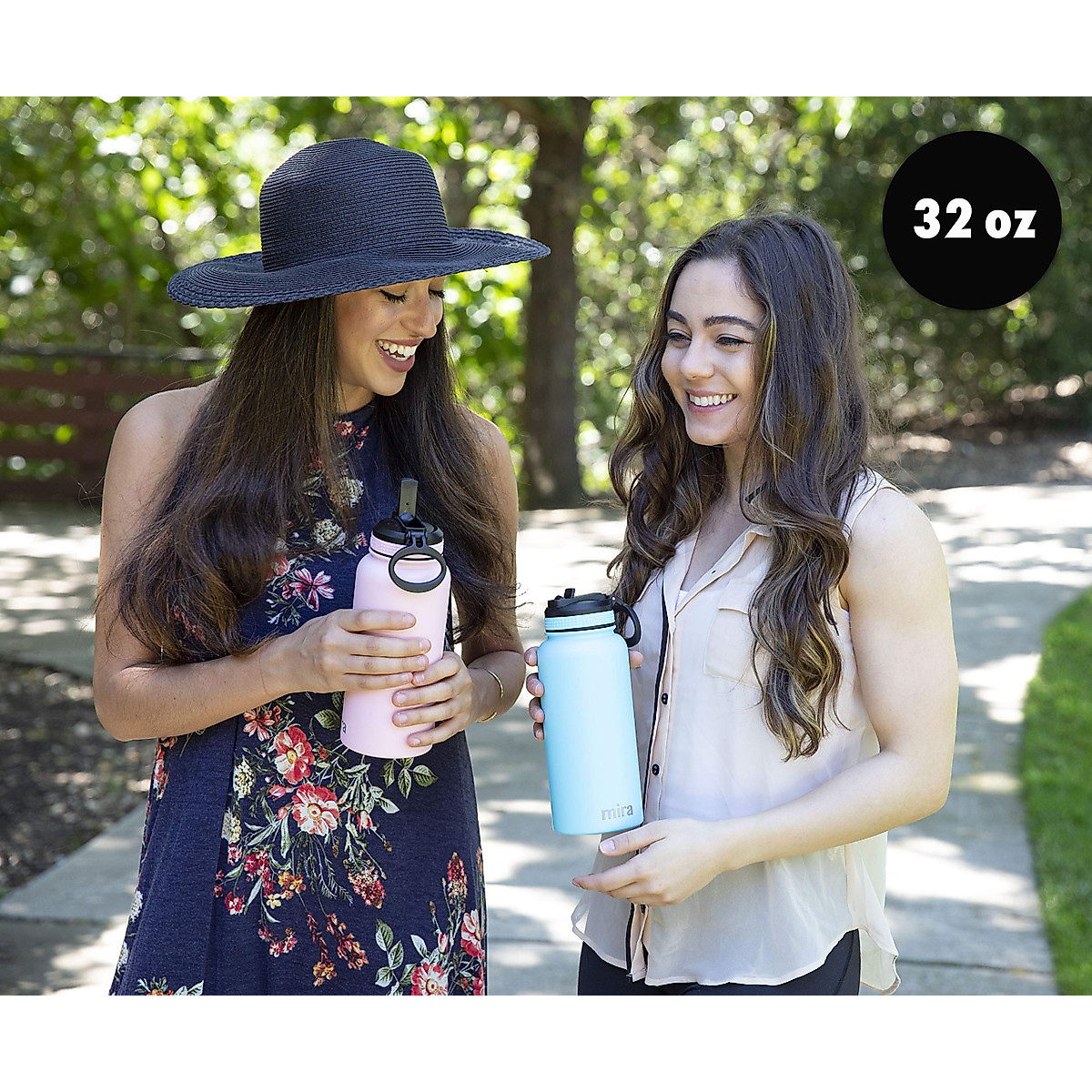 MIRA Water Bottle with Straw and Handle Lid Vacuum Insulated Stainless Steel Metal Thermos Bottle - Reusable Leak Proof Keep Cold Sports Flask - 32 oz, 2 Lids, Black