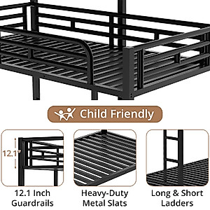 INCLAKE Metal Triple Bunk Bed, L-Shaped Bunk Bed for 3, Twin Size Bunk Bed Frame with Full-Length Guardrails & Long & Short Ladders, Space Saving Bunk Bed for Children, No Box Spring Needed, Black