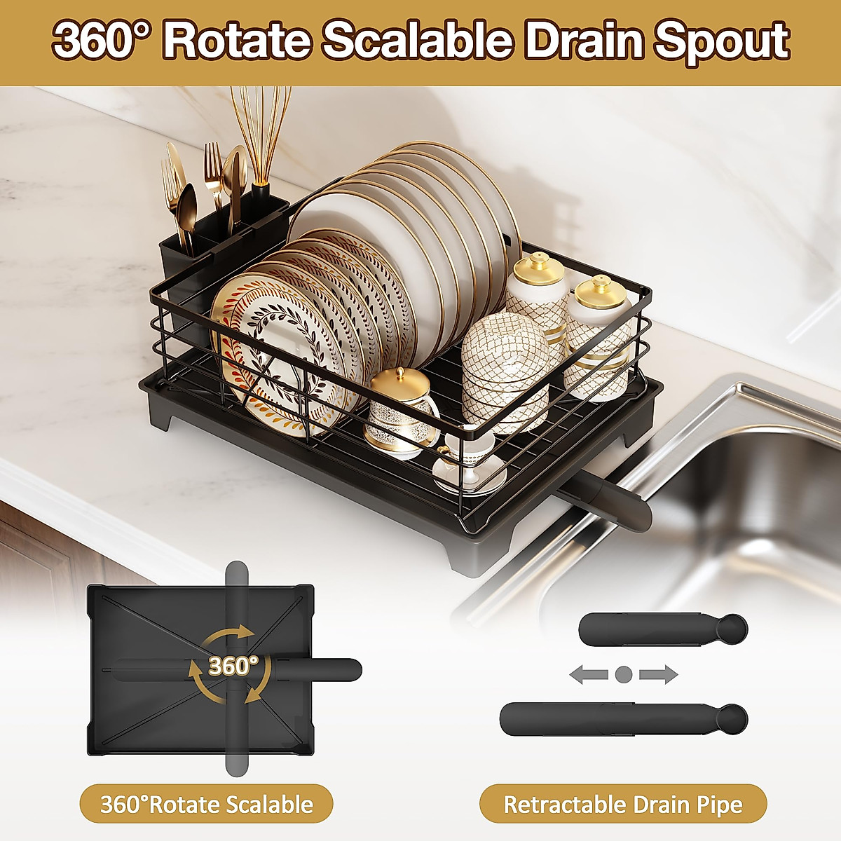 MAJALiS 304 Stainless Steel Dish Drying Rack for Kitchen Counter, 2 Tier Large Dish Draines, Dish Strainers with Drainboard Set, Dish Dryer Rack with Utensil Holder, Knife Holder (Black)