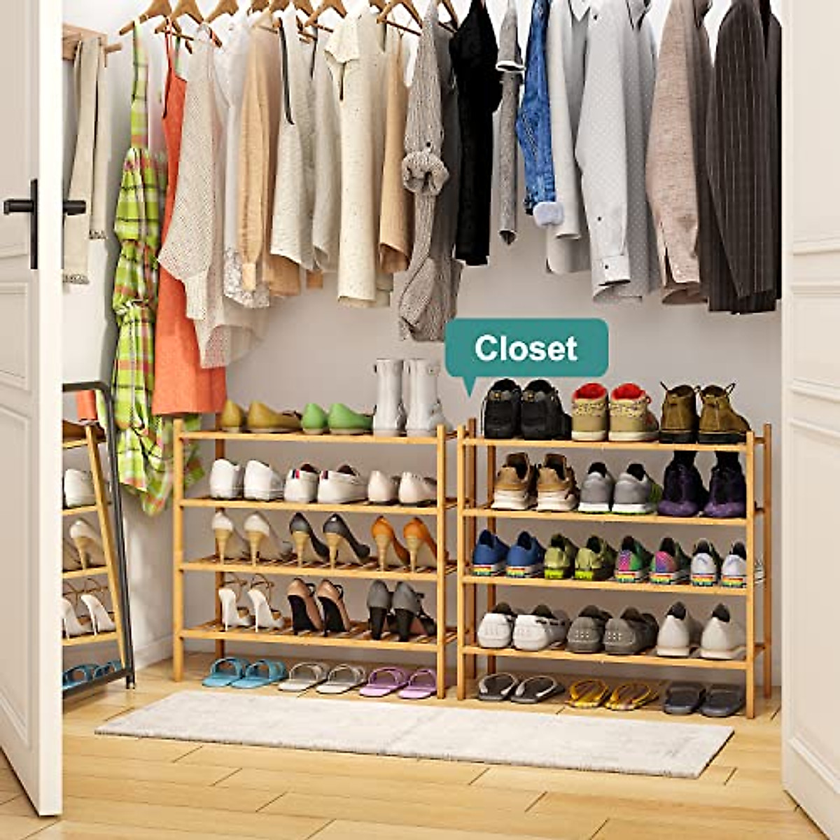 viewcare 4-Tier Bamboo Shoe Rack for Entryway, Stackable | Foldable | Natural, Shoe Organizer for Hallway Closet, Free Standing Shoe Racks for Indoor Outdoor