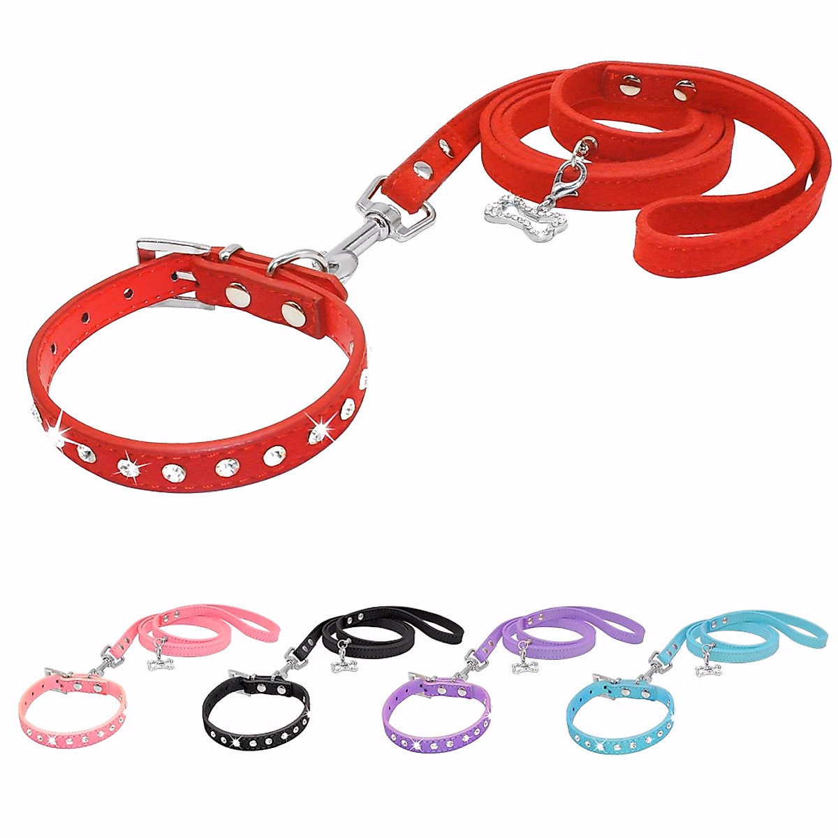 Benala One Row Bling Diamond Rhinestone Suede Leather Pet Dog Collar and Leash 2Pcs for Small Medium Dogs Black,S