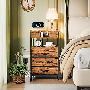 Furnulem Night Stand with Charging Station, Small Bedside Table with Wood Shelf, End Table with USB Ports & Outlets, 3 Fabric Drawers Side Table for Bedroom, Closet, 3 Ways to Use, Rustic Brown