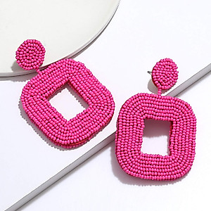 Boderier Beaded Drop Hot Pink Earrings Bohemian Wire Wrapped Beaded Square Hoop Dangle Statement Earrings (Hot Pink)