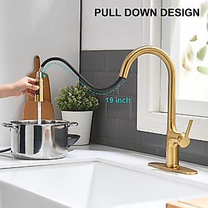 FROPO Brushed Gold Kitchen Faucet, Single Handle Gold Kitchen Sink Faucet with Pull Down Sprayer Modern Stainless Steel Brass Gold Faucet with Deck Plate 3-Function Spray Head 1 or 3 Hole