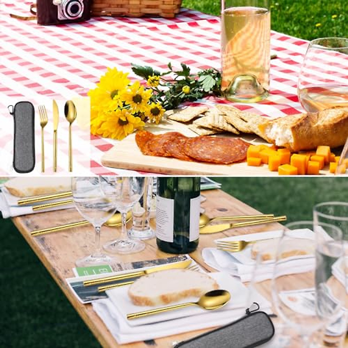 AARAINBOW Portable Travel Utensils with Case, 3 Pcs Heavy Duty Stainless Steel Cutlery Set Reusable Flatware Personal Silverware Set Include Fork Spoon Knife for Office Camping Picnic (Golden)