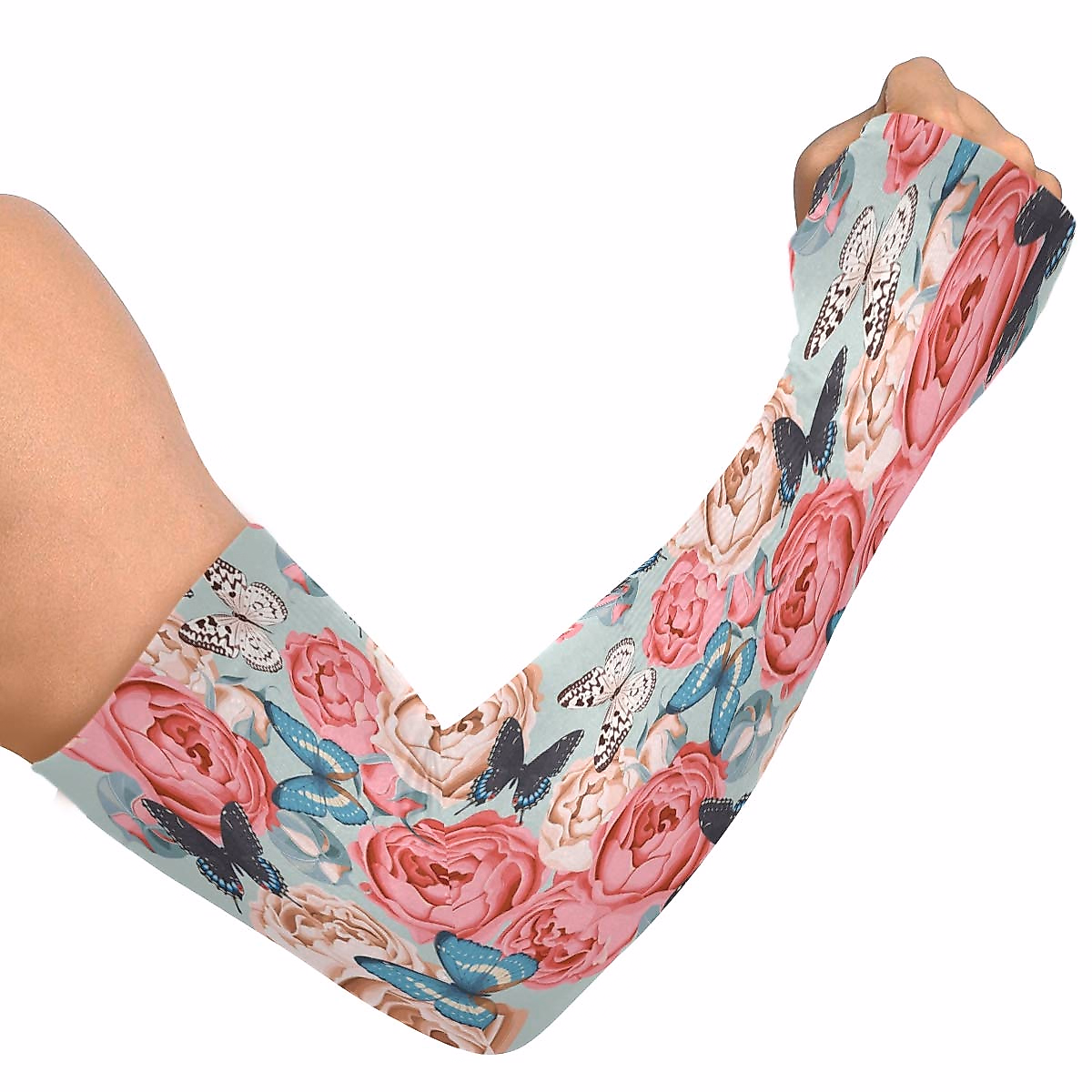 WELLDAY Peony Flower Butterfly Gardening Sleeves with Thumb Hole UV Sun Protection Farm Sleeves for Women Men