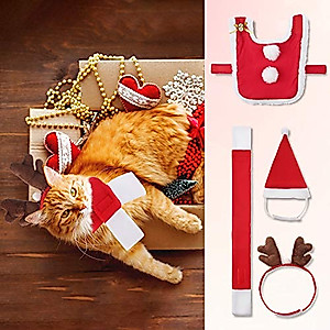 Syhood 4 Pieces Cat Christmas Costume Outfit Adjustable Cat Apparel Costume Cat Santa Christmas Hat and Scarf Cat Reindeer Antler Hat for Christmas Party Cosplay