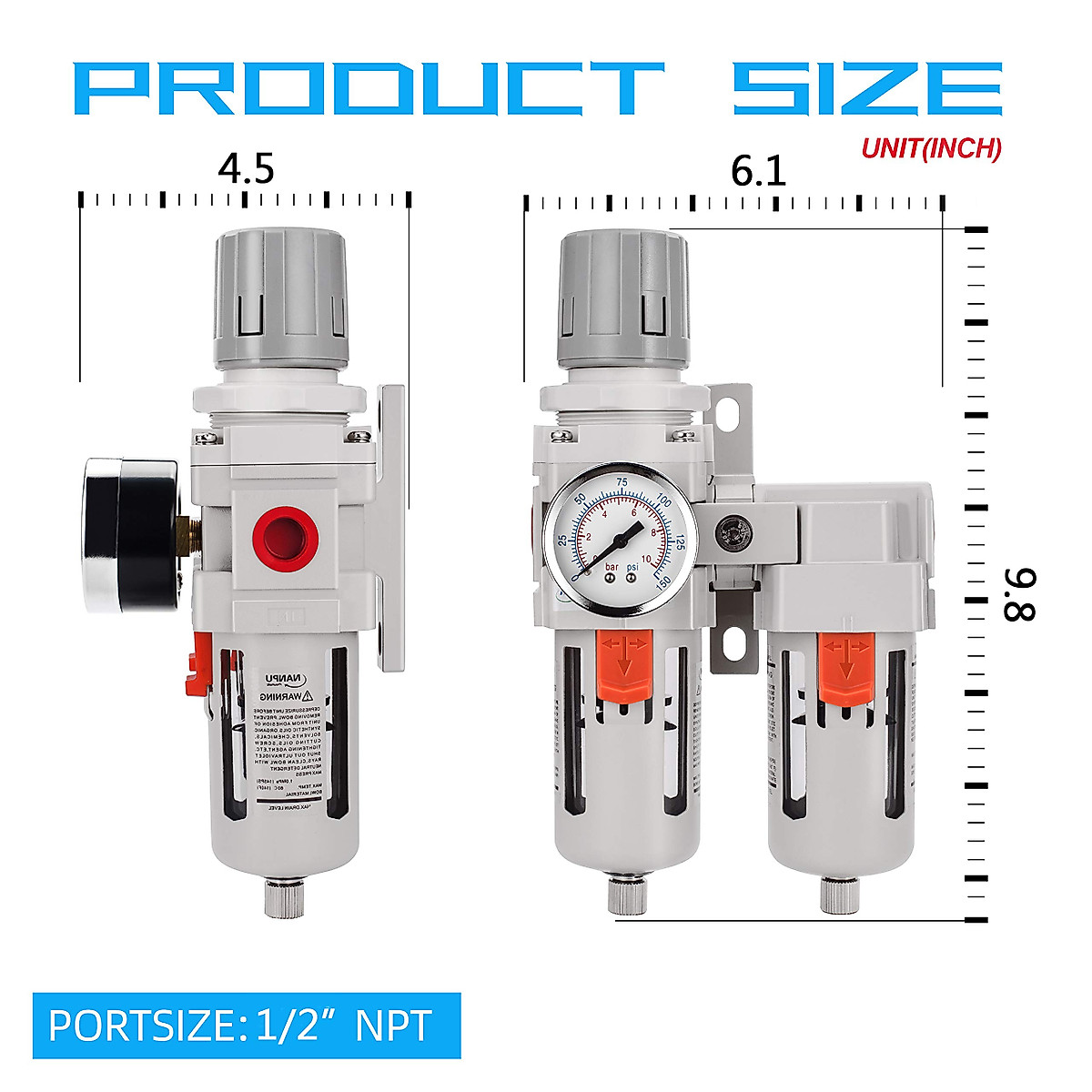 NANPU 1/2" NPT Air Dryer System - 5 Micron Particulate Filter, 0.5 Micron Coalescing Filter & Air Pressure Regulator, Water Trap Separator - Semi-Auto Drain,0-150 psi Gauge, Poly Bowl, Metal Bracket