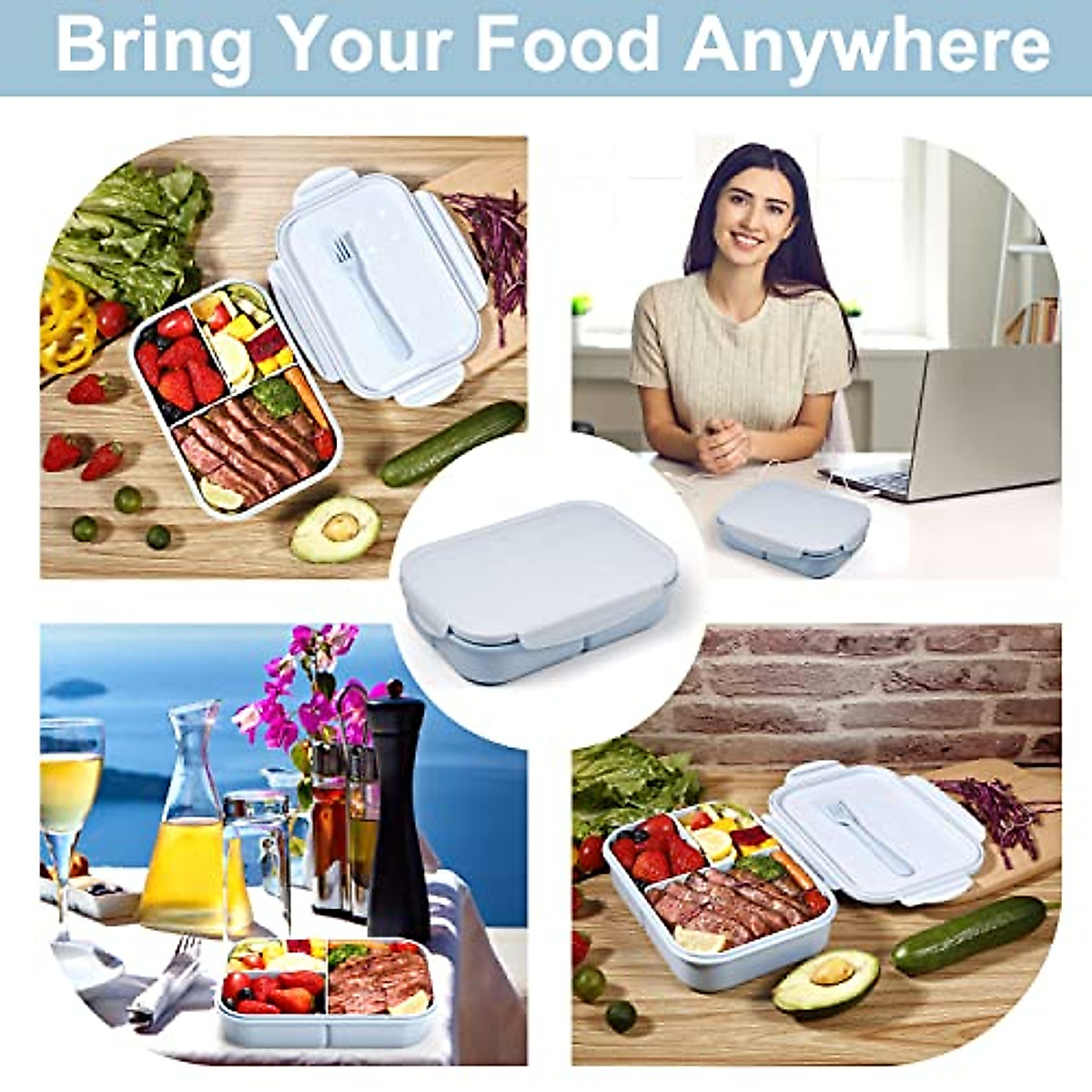 Jeopace Bento Box, Bento Box Adult Lunch Box,Kids Bento Box with 3 Compartments,Lunch Containers Microwave Safe(Flatware Included,Blue+Purple)