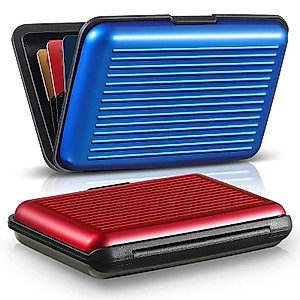 BBTO 2 Pieces Credit Card Holder Slim Mini RFID Blocking Credit Card Protector Aluminum Business Card Case Metal ID Organizer Wallet with 7 Slots for Women Men (Red, Blue)