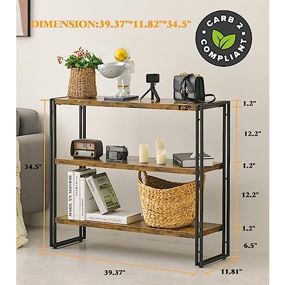 Bookshelf,3-Tier Open Bookcase,Rustic Wood and Metal Industrial Display Book Shelves Home Office,Bedroom Standing Shelf Unit,Horizontal Kitchen Shelf Organizer,Bathroom Storage Rack Mid Century 40in