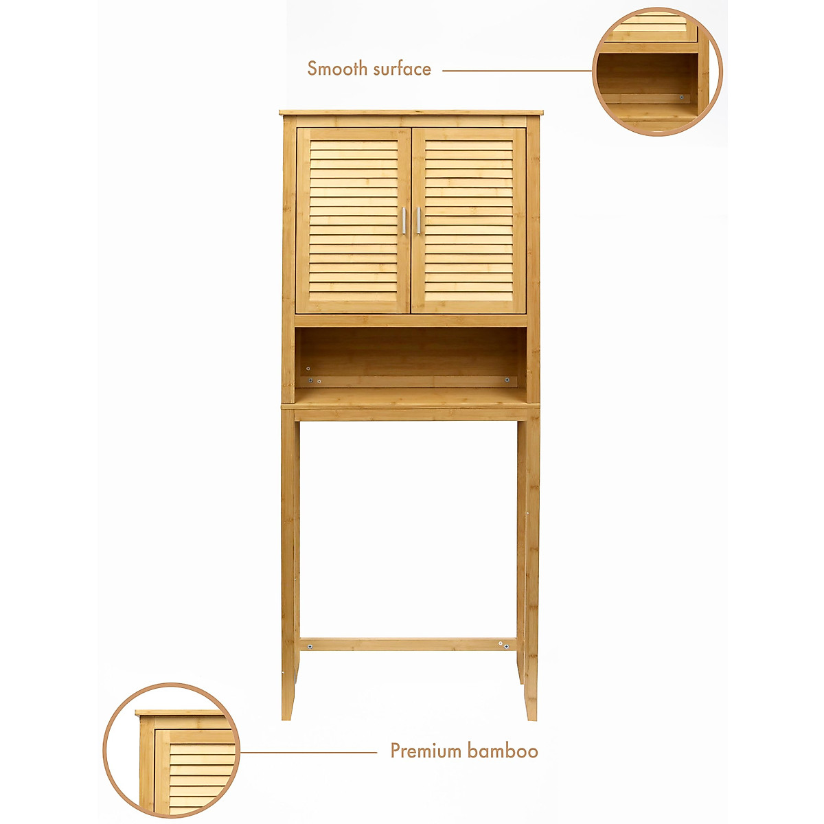 RoyalHouse Bamboo Over The Toilet Storage Cabinet with Bottom Shelf, Free Standing Storage Cabinet, Perfect Bathroom Space Saver with Double Door Organizer