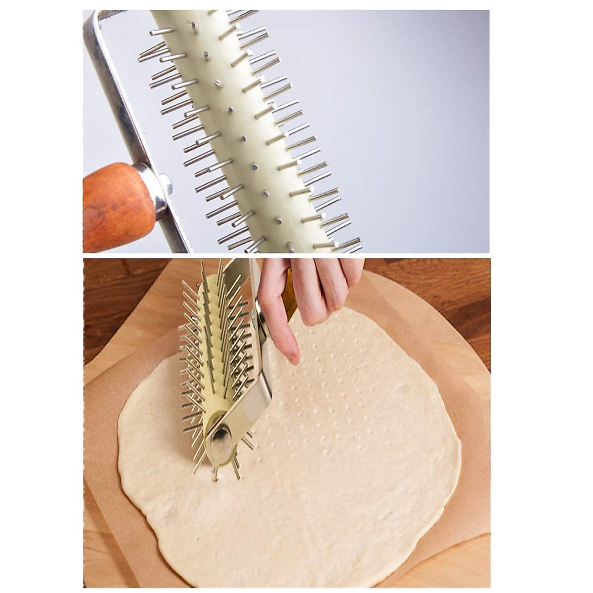 Stainless Steel Pizza Dough Roller Docker,Time-Saver Pizza Dough Roller Docker with Wood Handle, Pizza Bread Pin Puncher Pizza Wheel, for Pizza Cookie Cake Pie Pastry Bread Dough